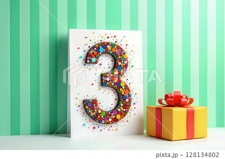 Colorful number 3 card with gift box.のイラスト素材 [128134802] - PIXTA