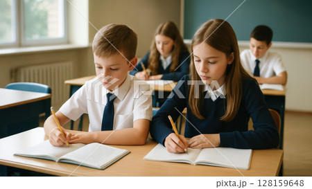 Focused schoolchildren in uniforms writing in...のイラスト素材 [128159648] - PIXTA