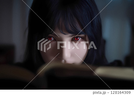 Vampire's gaze. Beautiful hypnotic red eyes of...のイラスト素材 [128164309 ...