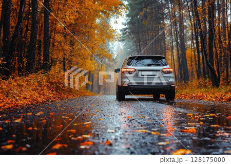 A car is driving down a road in the fall, tires...のイラスト素材 [128175000 ...