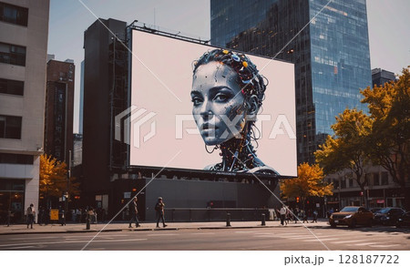 Large billboard with a woman's face on it. The...のイラスト素材 [128187722 ...