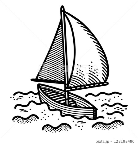 Sailboat illustration on wavy sea nautical ink...のイラスト素材 [128198490 ...