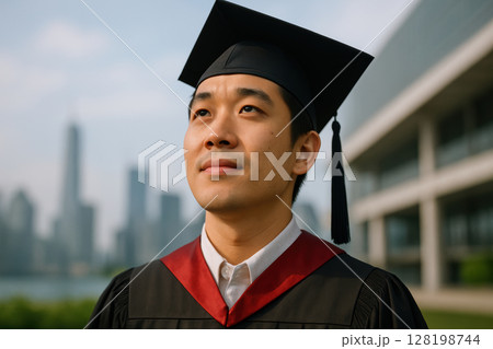 Confident young asian man in graduation cap and...のイラスト素材 [128198744 ...