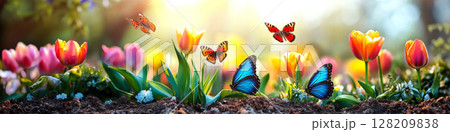 Butterflies flutter among vibrant tulips in a...のイラスト素材 [128209838] - PIXTA