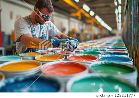 A worker at a paint factory mixes paint. Long...のイラスト素材 [128211777] - PIXTA