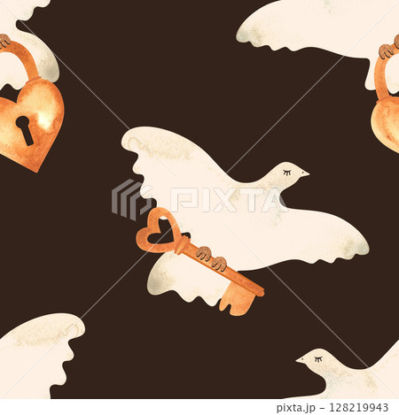 White doves with keys and heart-shaped locks....のイラスト素材 [128219943] - PIXTA
