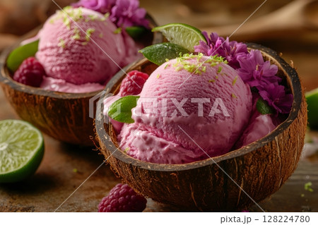 Scoops of homemade raspberry ice cream are...のイラスト素材 [128224780] - PIXTA