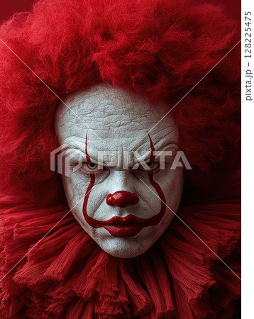 Scary clown staring with intense look and red hairのイラスト素材 [128225475 ...