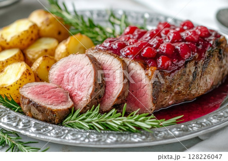 Roasted venison loin with cranberry sauce and...のイラスト素材 [128226047] - PIXTA