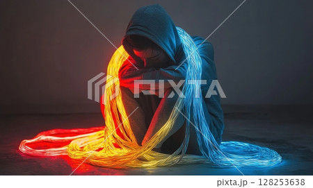 person is entangled in bright neon social media...のイラスト素材 [128253638 ...