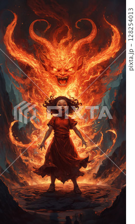 Fire Demon Behind Little Girl. Artificial...のイラスト素材 [128254013] - PIXTA