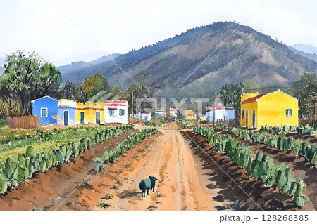 Watercolor depiction of a rustic village road...のイラスト素材 [128268385] - PIXTA
