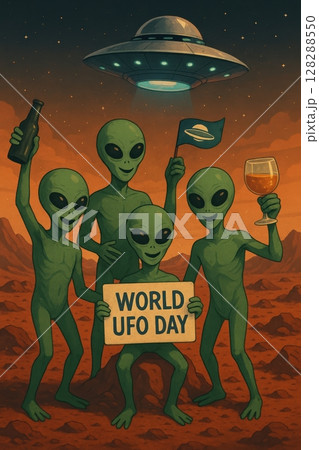 Cartoon-style aliens celebrating World UFO Day...のイラスト素材 [128288550 ...