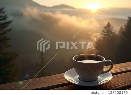 Steaming Black Coffee on Wooden Deck with Misty...のイラスト素材 [128308176 ...