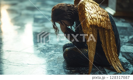 heartbroken angel king kneels in sorrow, his...のイラスト素材 [128317087] - PIXTA