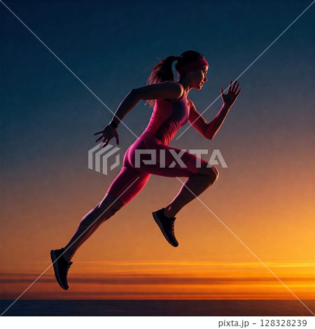 Determined female runner in motion against a...のイラスト素材 [128328239] - PIXTA