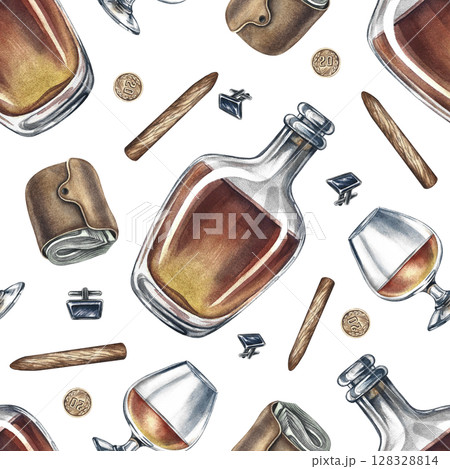 Seamless pattern on a men's theme, with cognac,...のイラスト素材 [128328814 ...