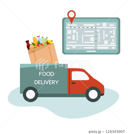 Food delivery truck with groceries and digital...のイラスト素材 [128343007 ...