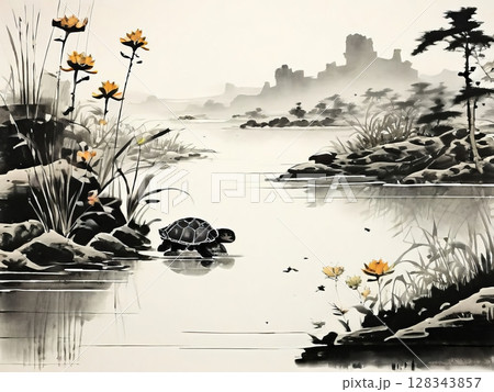 Turtle in traditional oriental painting styleのイラスト素材 [128343857] - PIXTA