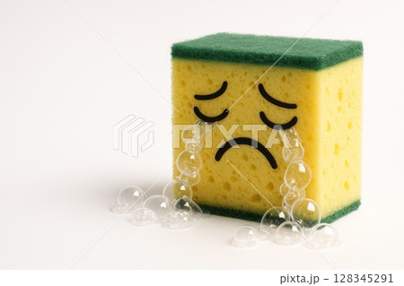 Sponge with a sad face cries soap bubbles....のイラスト素材 [128345291] - PIXTA