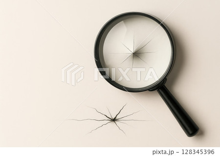 A magnifying glass that enlarges a crack on the...のイラスト素材 [128345396 ...