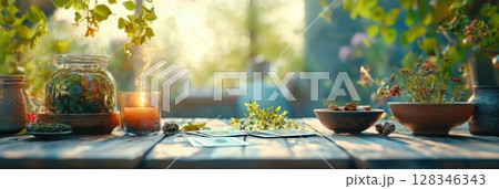 Enchanted objects on a rustic table display...のイラスト素材 [128346343] - PIXTA