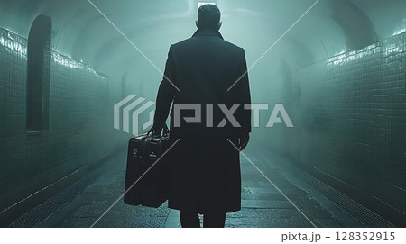 Mysterious man walking foggy corridor carrying...のイラスト素材 [128352915 ...
