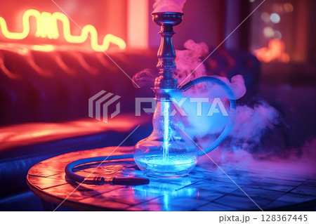 hookah in shisha smoke on table in lounge cafe...のイラスト素材 [128367445 ...