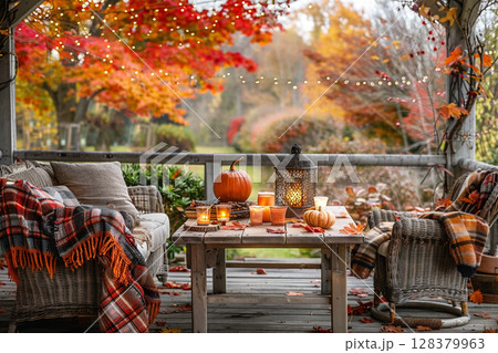 Cozy outdoor seating area adorned with autumn...のイラスト素材 [128379963] - PIXTA