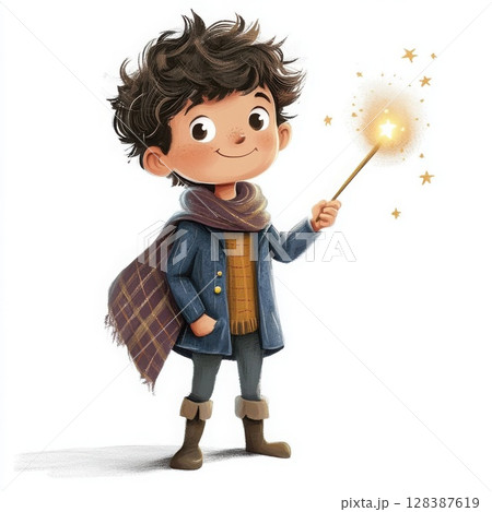 Young wizard holding magic wand creating sparks...のイラスト素材 [128387619 ...