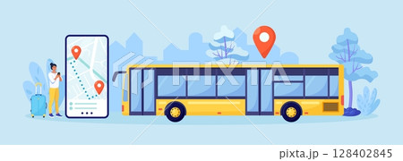 Woman buying bus ticket online with smartphone...のイラスト素材 [128402845 ...