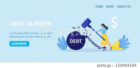 Business woman trying to destroy debt ball with...のイラスト素材 [128403284 ...