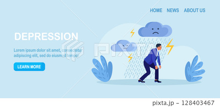 Depressed man walks under falling rain....のイラスト素材 [128403467] - PIXTA