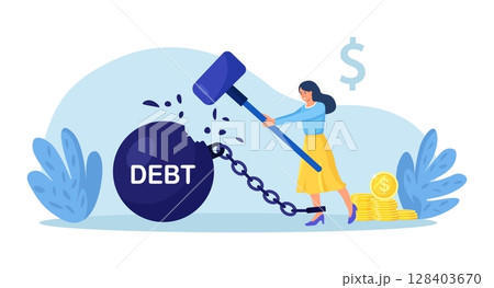 Business woman trying to destroy debt ball with...のイラスト素材 [128403670 ...