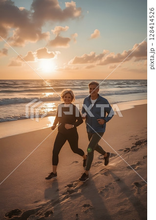 Active Seniors Running Together on Sunset Beachのイラスト素材 [128414526] - PIXTA