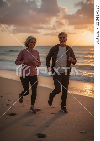 Active Seniors Running Together on Sunset Beachのイラスト素材 [128414527] - PIXTA