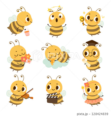 Cute cartoon bee. Funny bees in different...のイラスト素材 [128424839] - PIXTA