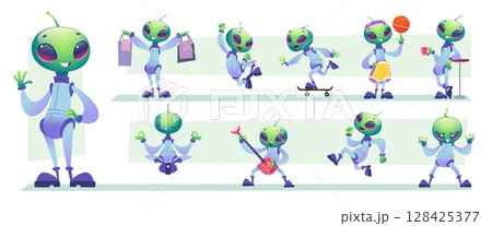 Aliens. Cartoon mascot in action poses walking...のイラスト素材 [128425377 ...