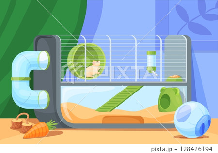 Hamster cage. Hamsters house cartoon background...のイラスト素材 [128426194 ...