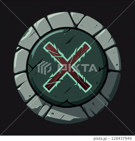 Circular stone emblem featuring a jagged red X...のイラスト素材 [128437949 ...