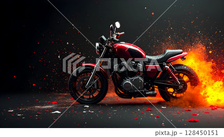 Red motorcycle on display with fiery explosion...のイラスト素材 [128450151 ...