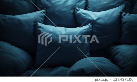 Many comfortable blue pillows providing restful...のイラスト素材 [128457106 ...
