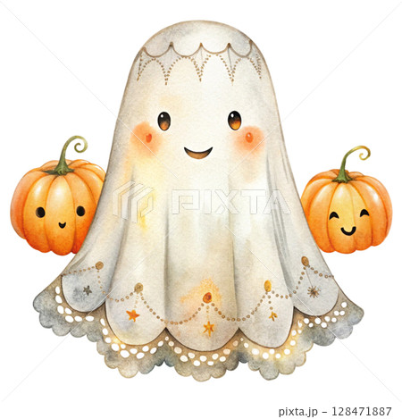 Cute little ghosts and beautiful flowers...のイラスト素材 [128471887] - PIXTA