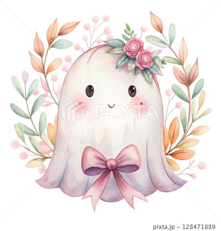 Cute little ghosts and beautiful flowers...のイラスト素材 [128471889] - PIXTA