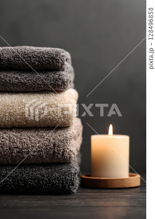 Stack of folded neutral tone towels with a lit...のイラスト素材 [128496858 ...