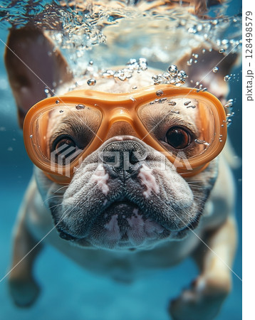 French bulldog swimming underwater in a pool...のイラスト素材 [128498579] - PIXTA