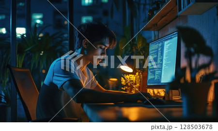 Young Man Coding Late at Night in Home Officeのイラスト素材 [128503678] - PIXTA
