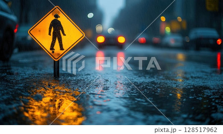 Traffic sign on wet road with heavy rain in the...のイラスト素材 [128517962 ...