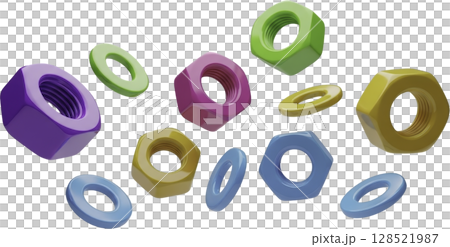 Colorful plastic nuts and washers floating in a...のイラスト素材 [128521987 ...
