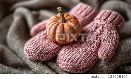 Pink mittens holding a small pumpkin on a...のイラスト素材 [128529105] - PIXTA